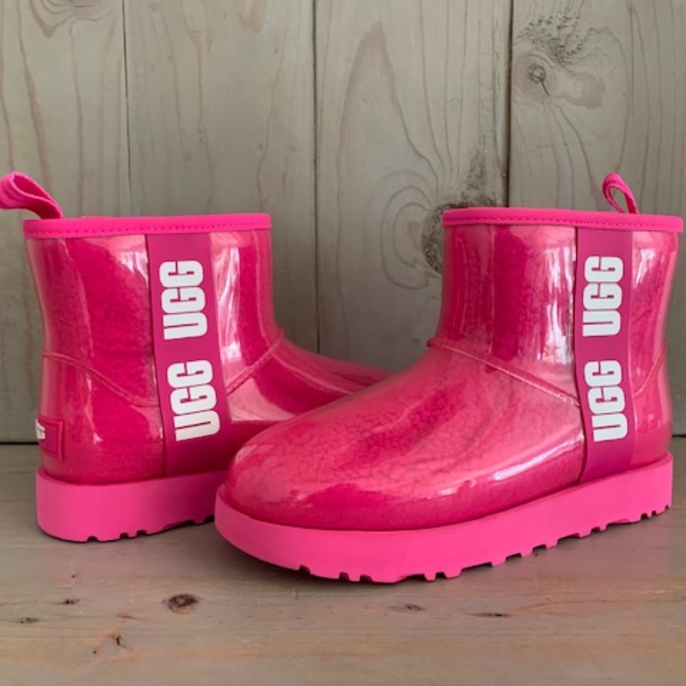 Ugg Classic Clear Mini Taffy Pink Rain Boots New - Gem
